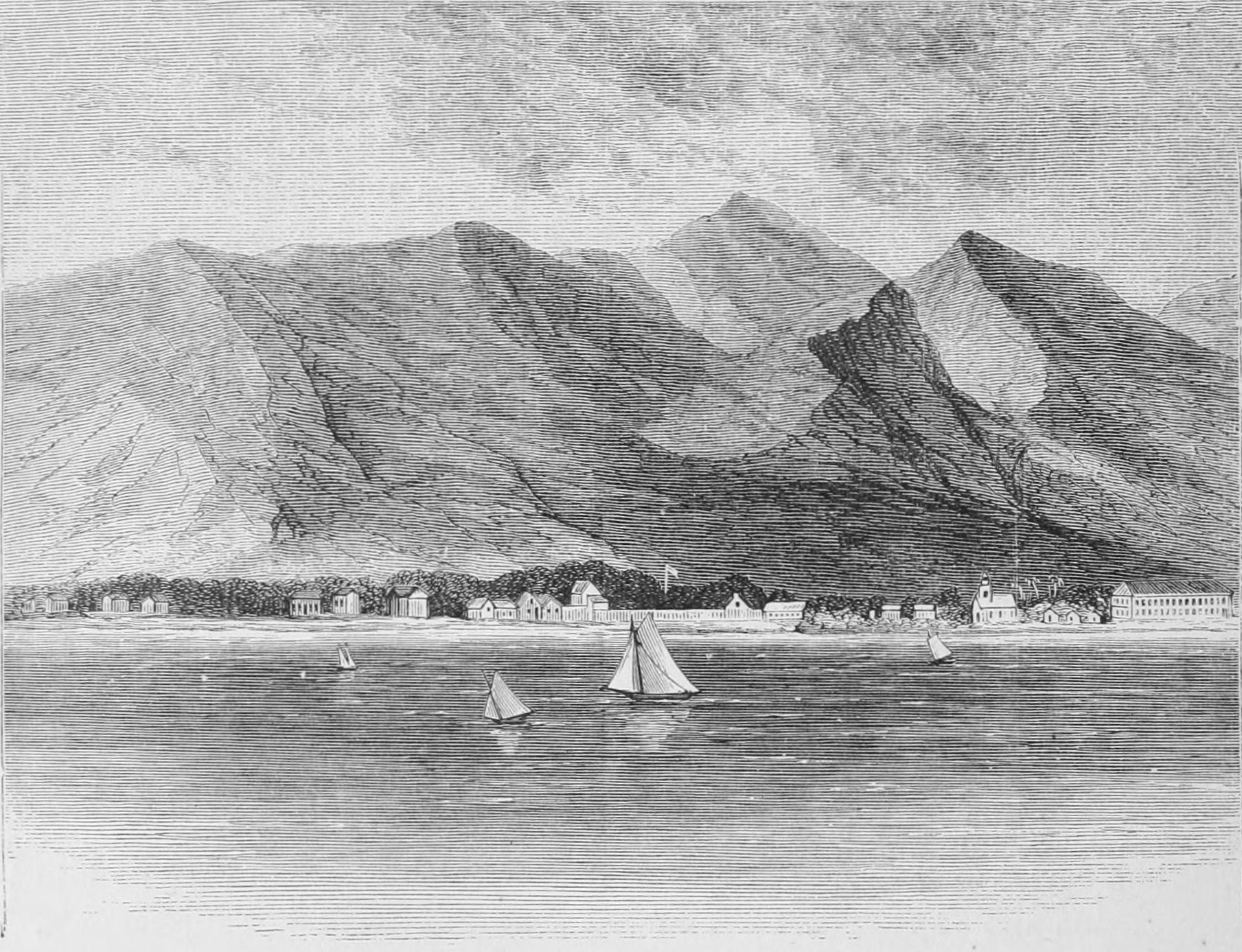 Lahaina_illustration_by_Nordhoff-showing Hale Piula on the right ...