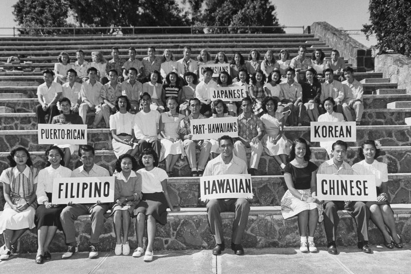 University of Hawaii students sit together to show the ethnic ...